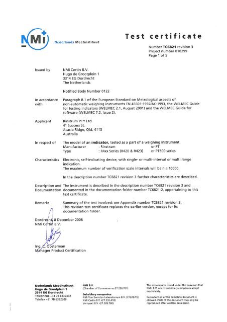 Test certificate - Rinstrum