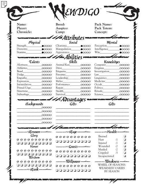 Werewolf: The Apocalypse Wendigo - RPG Sheets