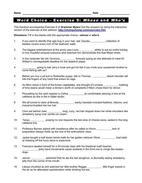 Word Choice â Exercise 9: Whose and Who's - Grammar Bytes!