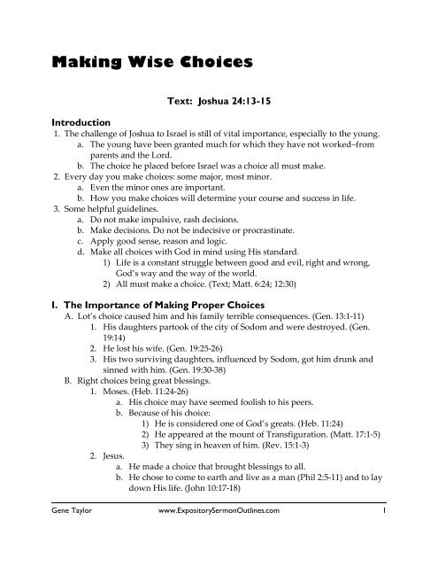 Sermon Outline On Making Wise Choices - Free Sermon Outlines