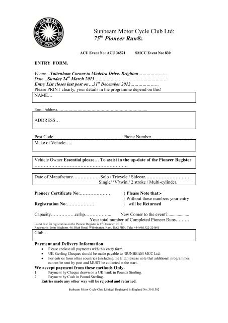 Sunbeam Motor Cycle Club Ltd: 75 Pioneer RunÂ®. - Sunbeam MCC