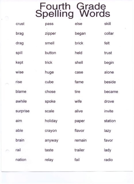 4th Grade Spelling Words Printable