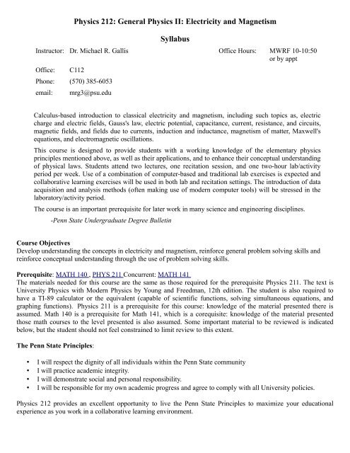 Physics 212: General Physics II: Electricity and Magnetism Syllabus