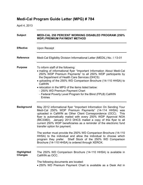 Medi-Cal Program Guide Letter (MPG) # 784 - HHSA Program Guides