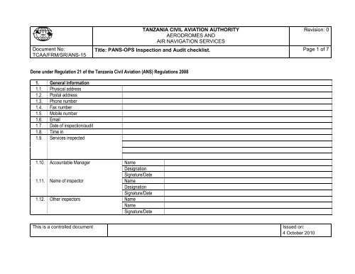 PANS OPS Inspection Checklist - Tanzania Civil Aviation Authority