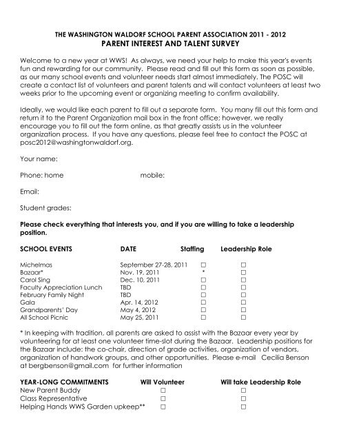 parent interest and talent survey - Washington Waldorf School