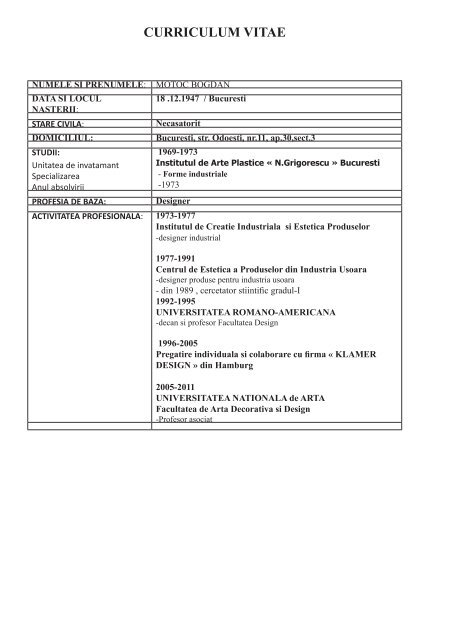 curriculum vitae - Universitatea Naţională de Arte curriculum vitae - Universitatea Naţională de Arte