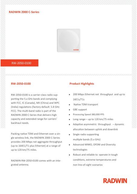 RADWIN 2000 C-Series RW-2050-0100 RW-2050-0100 Product ...