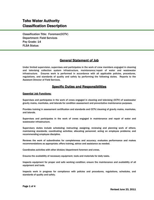 Toho Water Authority Classification Description