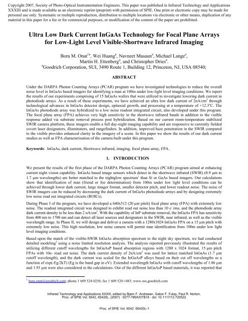 Ultra Low Dark Current InGaAs Technology for Focal Plane Arrays ...