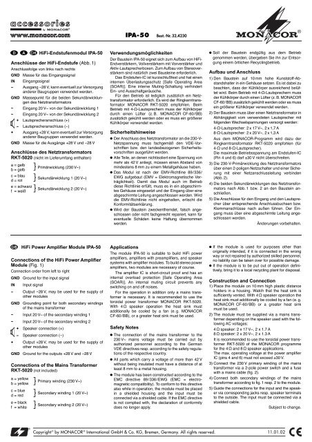 HiFi Power Amplifier Module IPA-50 Connections of the HiFi Power ...