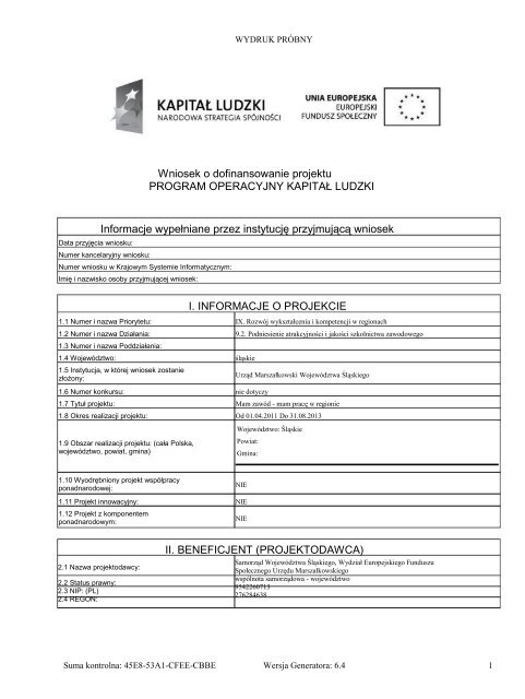 Wniosek o dofinansowanie projektu PROGRAM OPERACYJNY ...