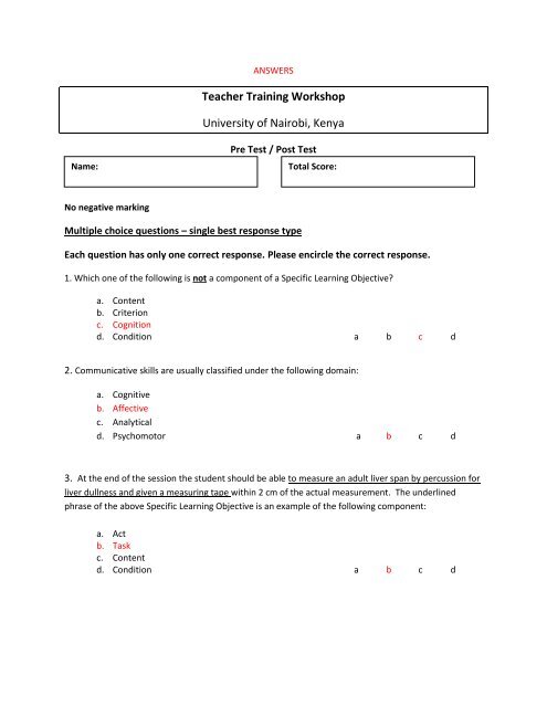 Pre and post test - University of Nairobi