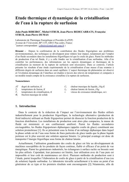 Etude thermique et dynamique de la cristallisation de l'eau ÃƒÂ la ...