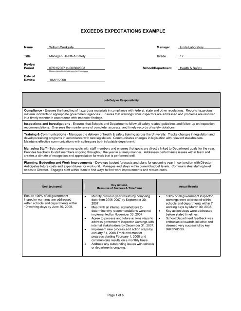 EXCEEDS EXPECTATIONS EXAMPLE - Columbia University