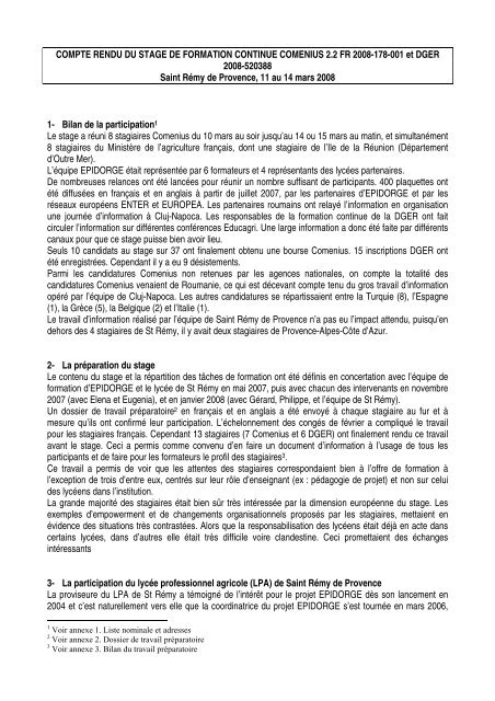 COMPTE RENDU DU STAGE DE FORMATION ... - EPIC - Educagri