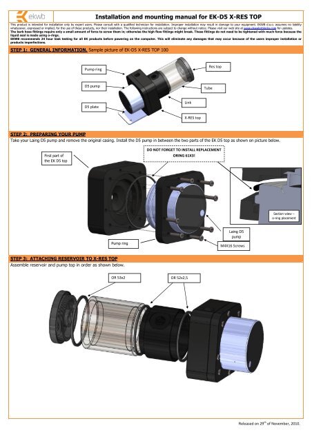 Installation and mounting manual for EK-D5 X-RES TOP - EKWB