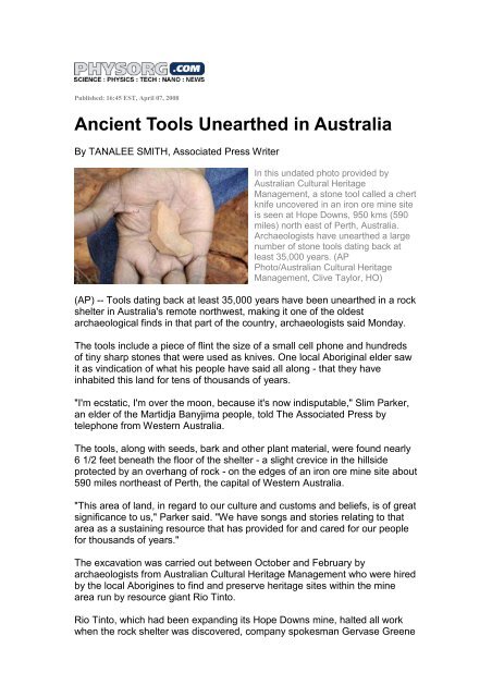 Ancient Tools Unearthed in Australia - Dampierrockart.net