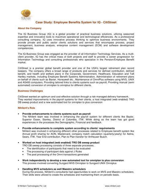 Case Study: Employee Benefits System for IQ - CitiStreet - Nihilent