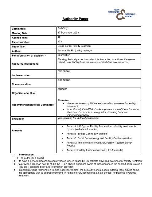 Item 3: Cross Border Reproductive Treatments - Human Fertilisation ...