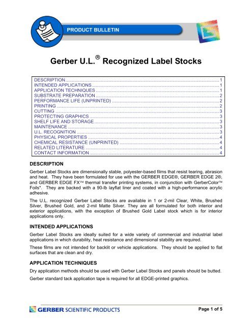 Gerber U.L. Recognized Label Stocks - Gerber Scientific Products