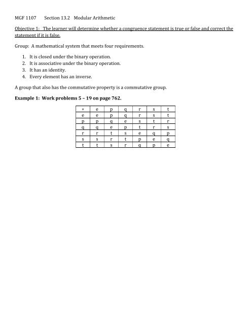 MGF 1107 Section 13.2 Modular Arithmetic Objective 1: The learner ...