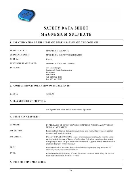 SAFETY DATA SHEET MAGNESIUM SULPHATE - J.M.Loveridge plc
