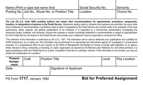 PS Form 1717, Bid for Preferred Assignment - branch 38