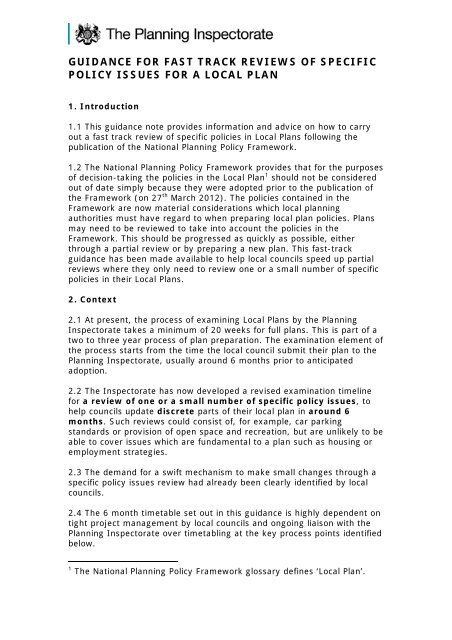 guidance for fast track reviews of specific policy ... - Planning Portal