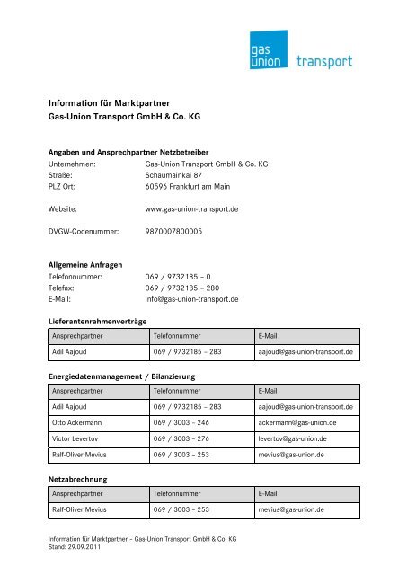 Information für Marktpartner Gas-Union Transport Gmbh & Co. KG