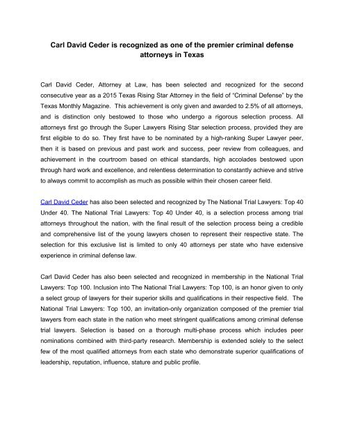 Carl David Ceder is recognized as one of the premier criminal defense ...