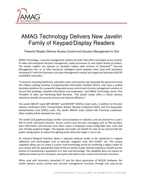 AMAG Technology Delivers New Javelin Family of Keypad/Display ...