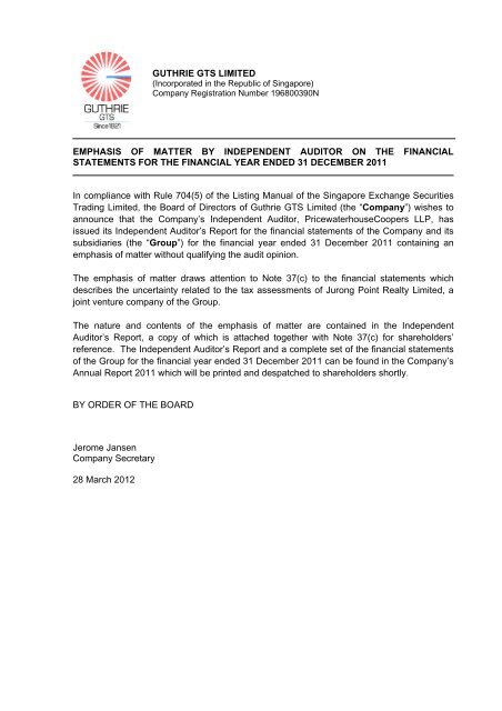 EMPHASIS OF MATTER BY INDEPENDENT ... - Guthrie GTS Ltd