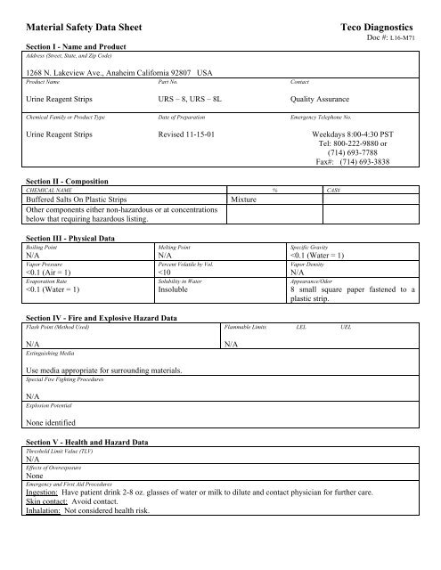 Material Safety Data Sheet______ Teco Diagnostics - QuickMedical