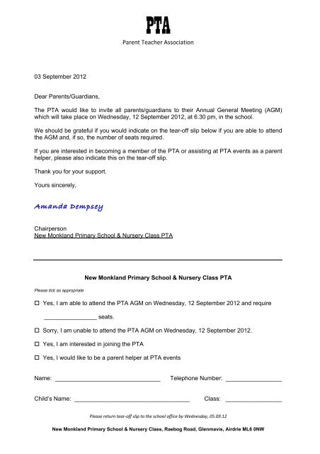 Letter re. PTA AGM on 12.09.12 - Newarthill Primary School