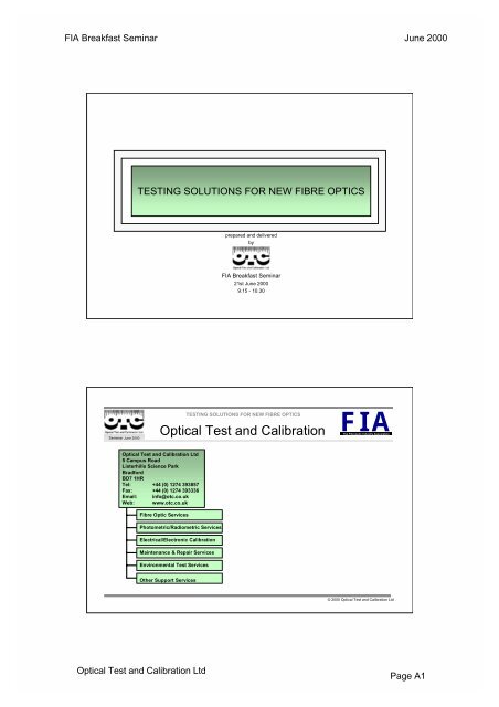 Optical Test and Calibration - FIA