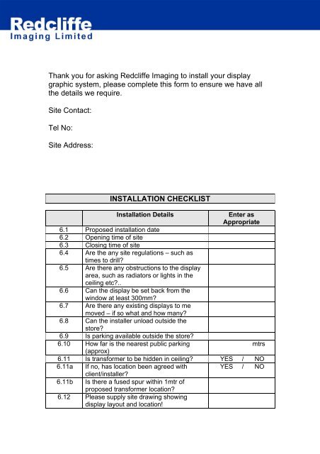 Redcliffe Installation Checklist