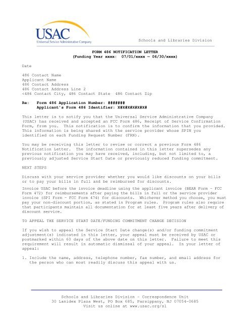 FCC Form 486 Notification Letter - Universal Service Administrative ...
