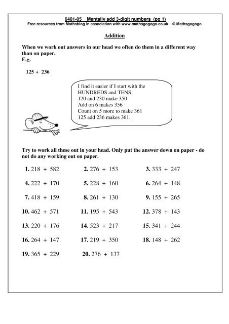 Mentally Add 3 digit Numbers pg 1 Maths Blog Mentally Add 3 digit Numbers pg 1 Maths Blog