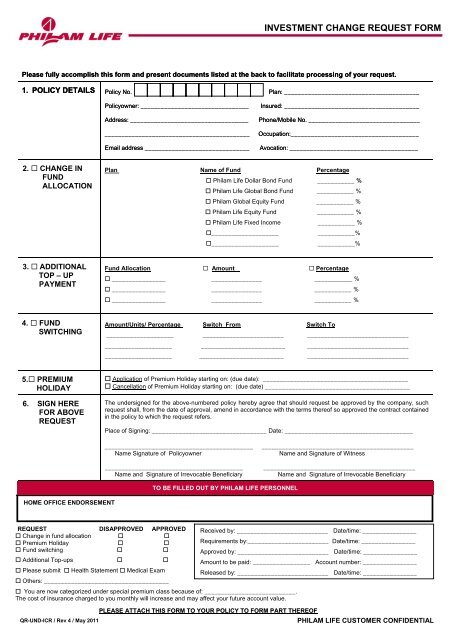 Investment Change Request Form - Philam Life