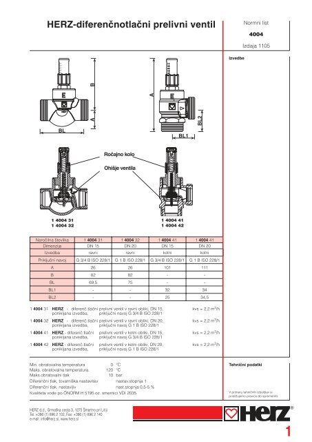 HERZ-diferenÄ notlaÄ ni prelivni ventil