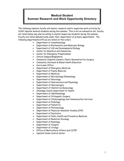 Summer Research Directory - SUNY Upstate Medical University