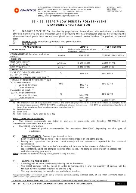 ss â€“ 56: b22/0.7-low density polyethylene standard specification