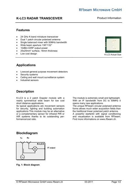 K-LC3 RADAR TRANSCEIVER Features Applications ... - RFbeam