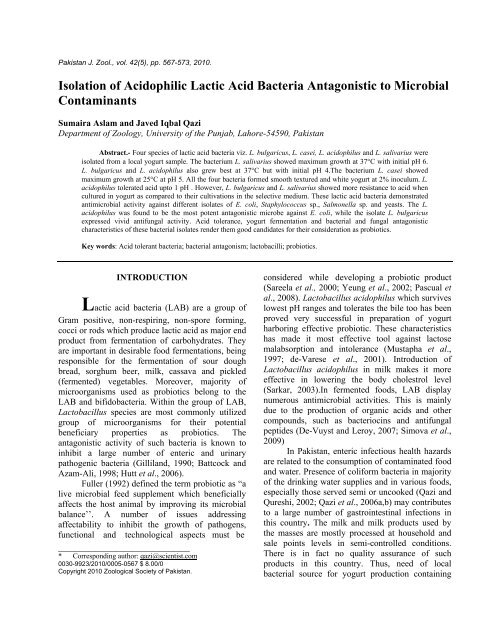 Isolation of Acidophilic Lactic Acid Bacteria ... - Zsp.com.pk