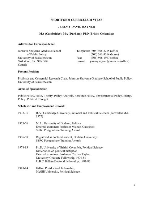 Download Jeremy Rayner's abridged CV. - Johnson-Shoyama ...