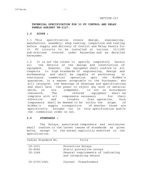 SECTION-III TECHNICAL SPECIFICATION FOR 33 KV CONTROL ...
