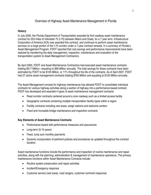Overview of Highway Asset Maintenance Management in Florida