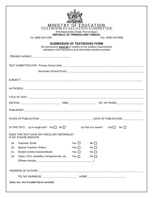 Submission of Textbook form - Trinidad & Tobago