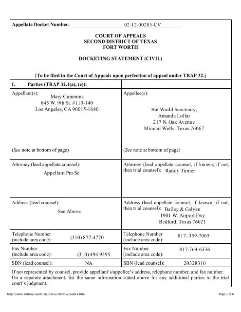 civil docketing statement for this appeal. - Animal Advocates